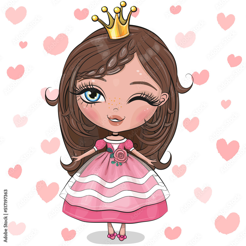 Little Princess in a pink dress with hearts isolated on a heart ...