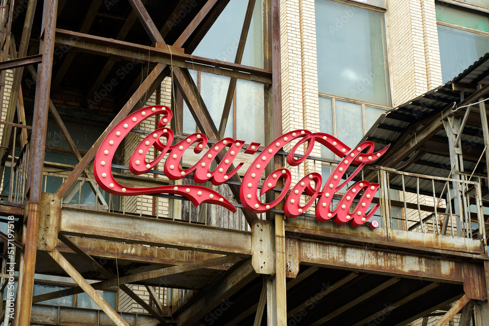 New York, USA - July 15, 2022: Old vintage sign of Coca-Cola drink on ...