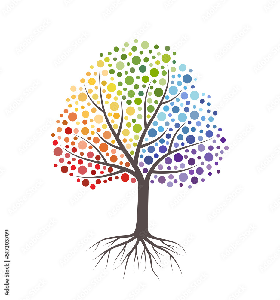 Abstract tree with roots and colorful leaves. Isolated on white ...