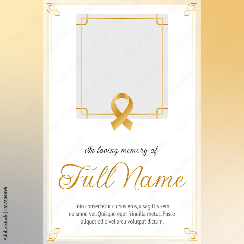 funeral card template with golden ribbon and photo frame Stock Vector ...