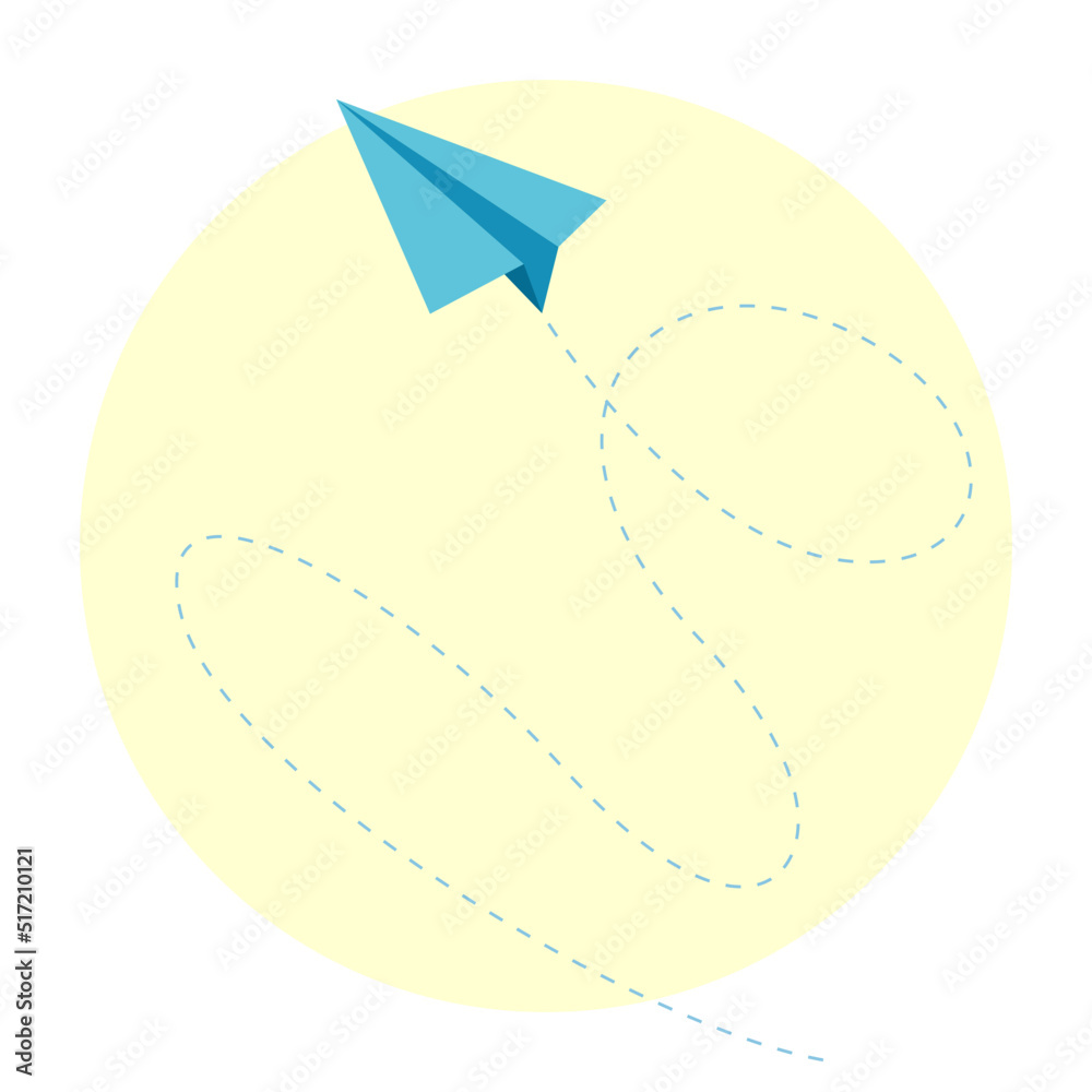 3d flying blue paper airplane and dotted flight trail on yellow circle ...