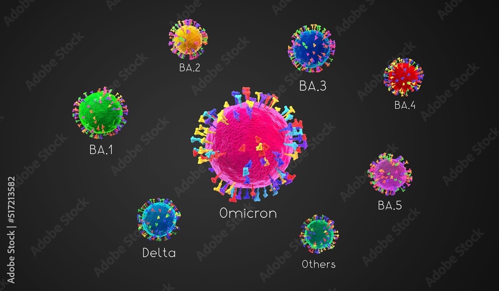 BA.1, BA.2, BA.3, BA.4, BA.5, delta - SARS-CoV-2 Covid-19 coronavirus omicron variants - 3D ...