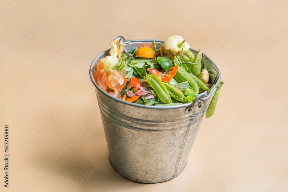 Sorted organic kitchen waste in compost-bucket. Sustainable life style ...