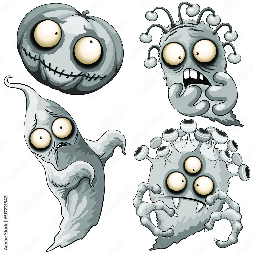 Monsters Halloween Creepy Cute and Funny Vector Cartoon Characters, set ...