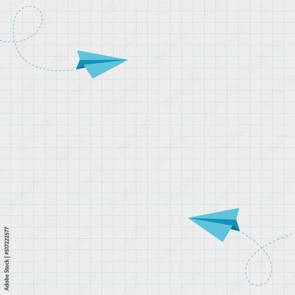 3d flying blue paper airplane and dotted flight trail on the background ...