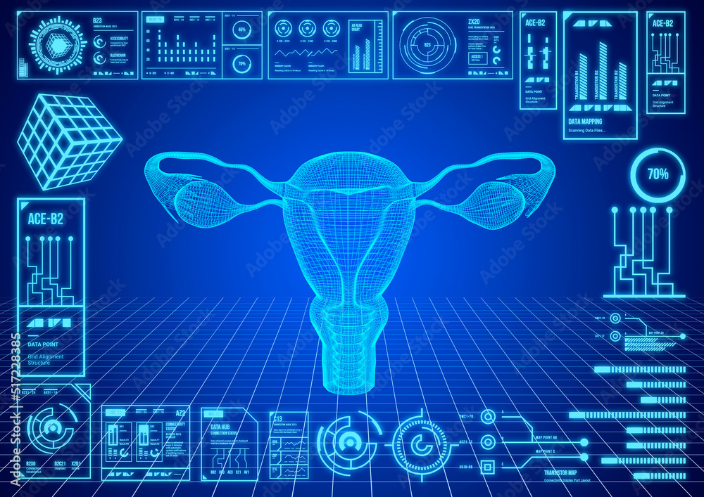 Hud Ui Telemedicine Uterus Monitoring App With Futuristic Interface Human Uterus Scanner Stock