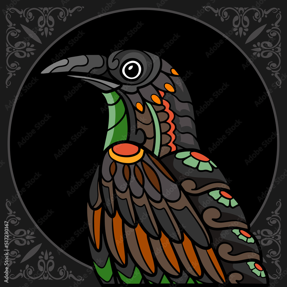 Colorful crow bird zentangle arts isolated on black background Stock ...
