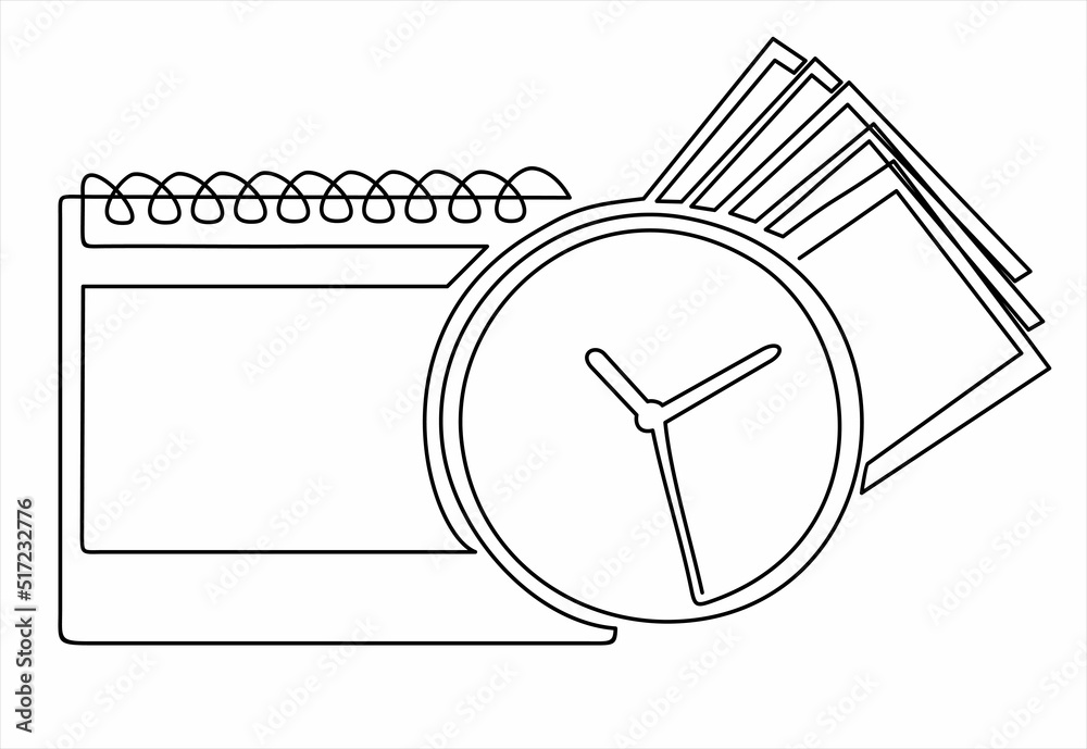 continuous one line vector drawing of Clock, calendar, money. Business ...