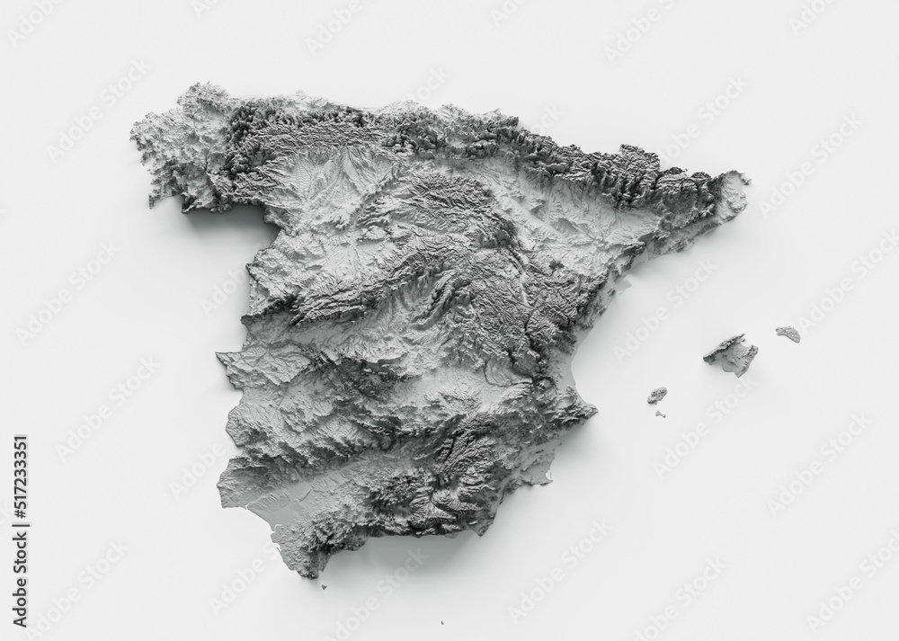 3d illustration of Spain Map Shaded relief map isolated on white ...