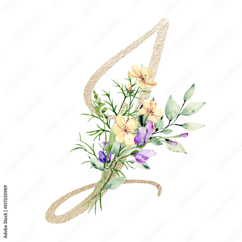 Floral alphabet, letter J with watercolor flowers and leaf. Monogram ...