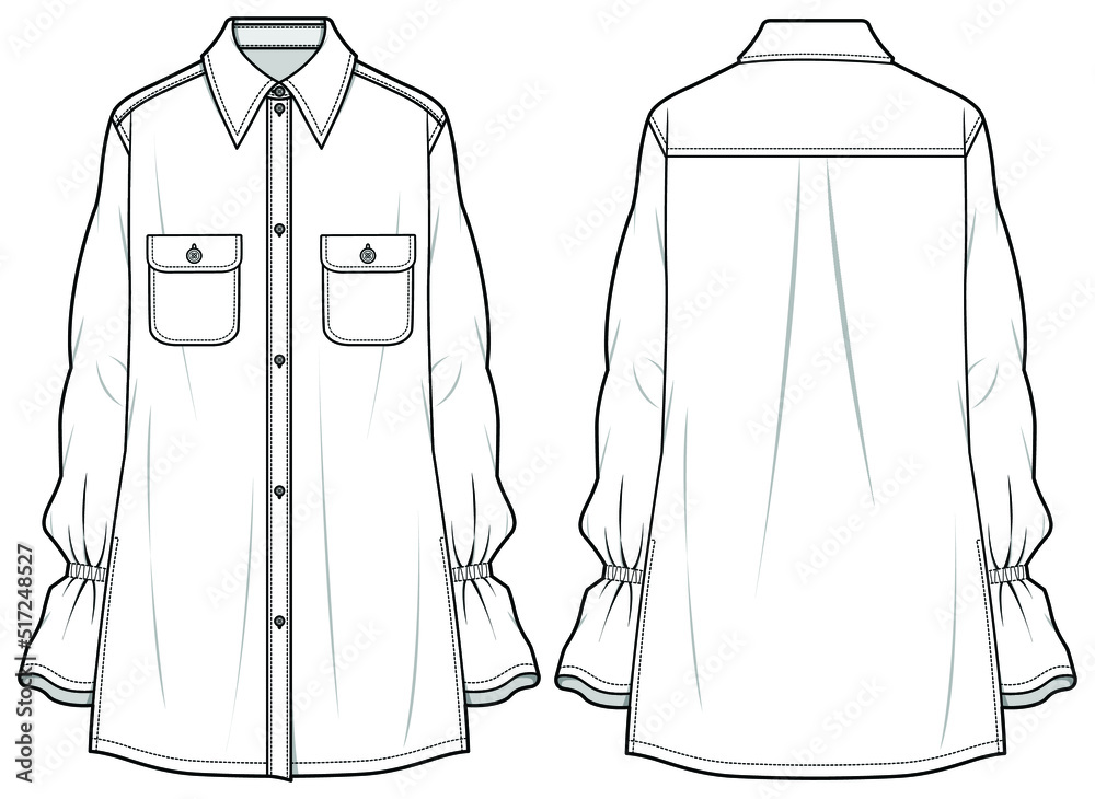 Women Poet Sleeve Long Shirt With Pockets Poet Sleeve Shirt Dress Front And Back View Fashion