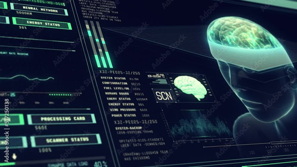 Neural Link between Brain and Computer. Close Up of Monitor with ECG ...