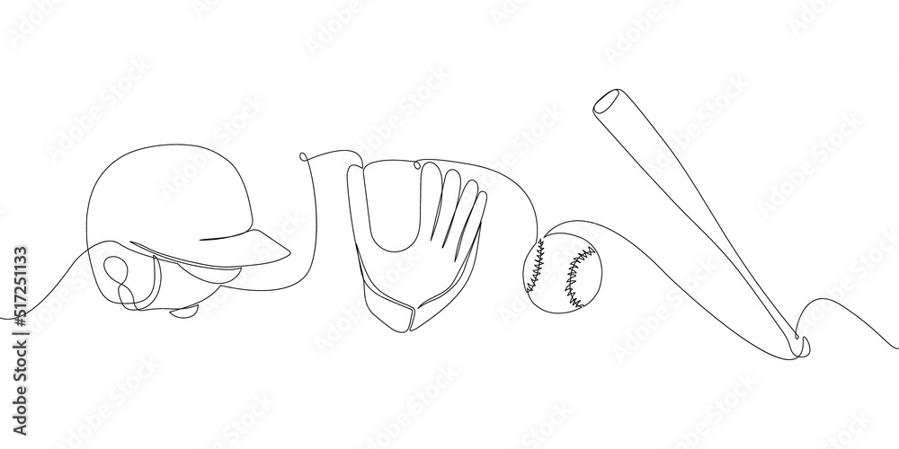 Baseball set with glove, ball, helmet, bat one line art. Continuous ...