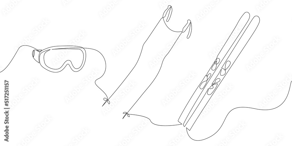 Ski set with racing poles and goggles one line art. Continuous line ...
