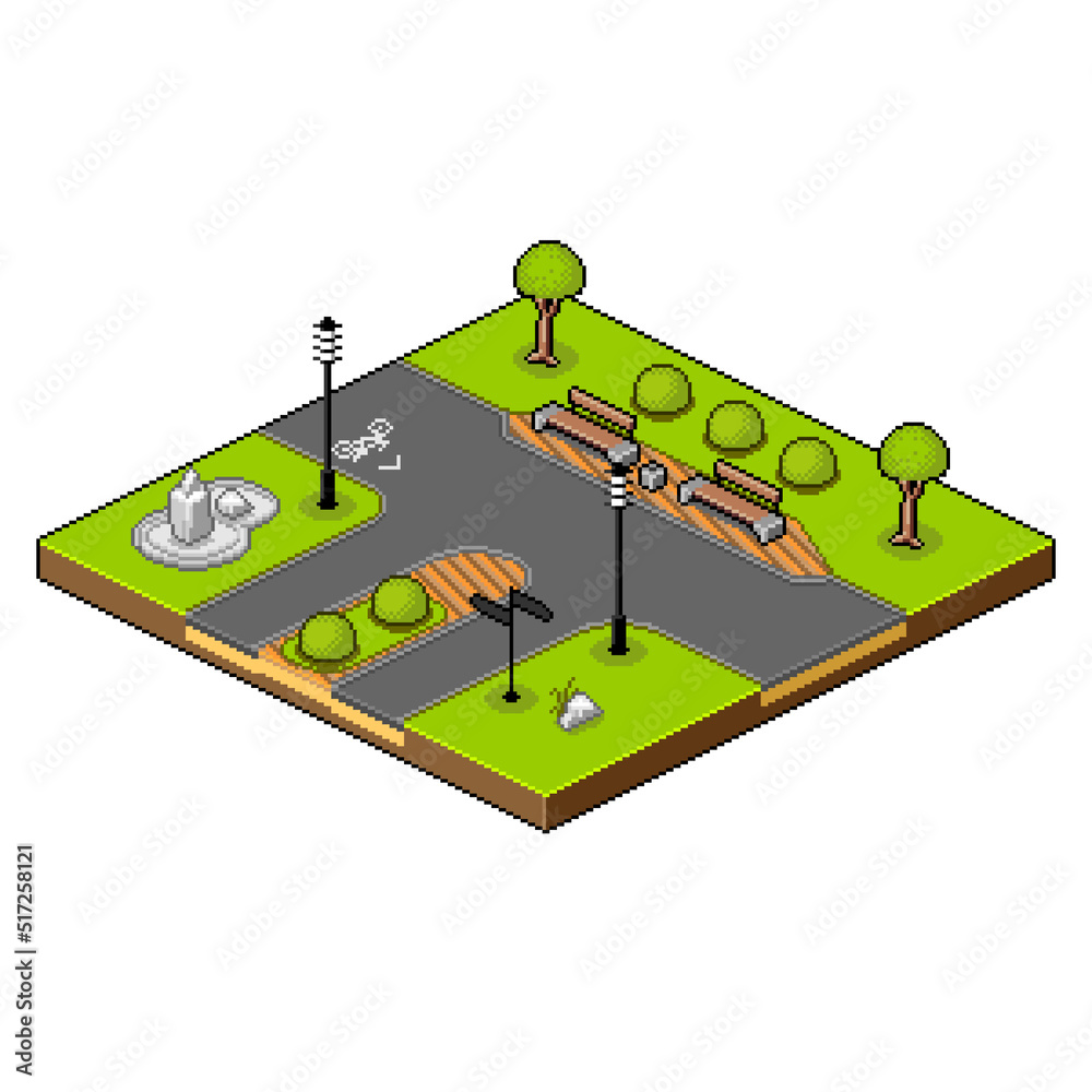 Pixelated isometric park with trees, paths, paving and street lantern ...