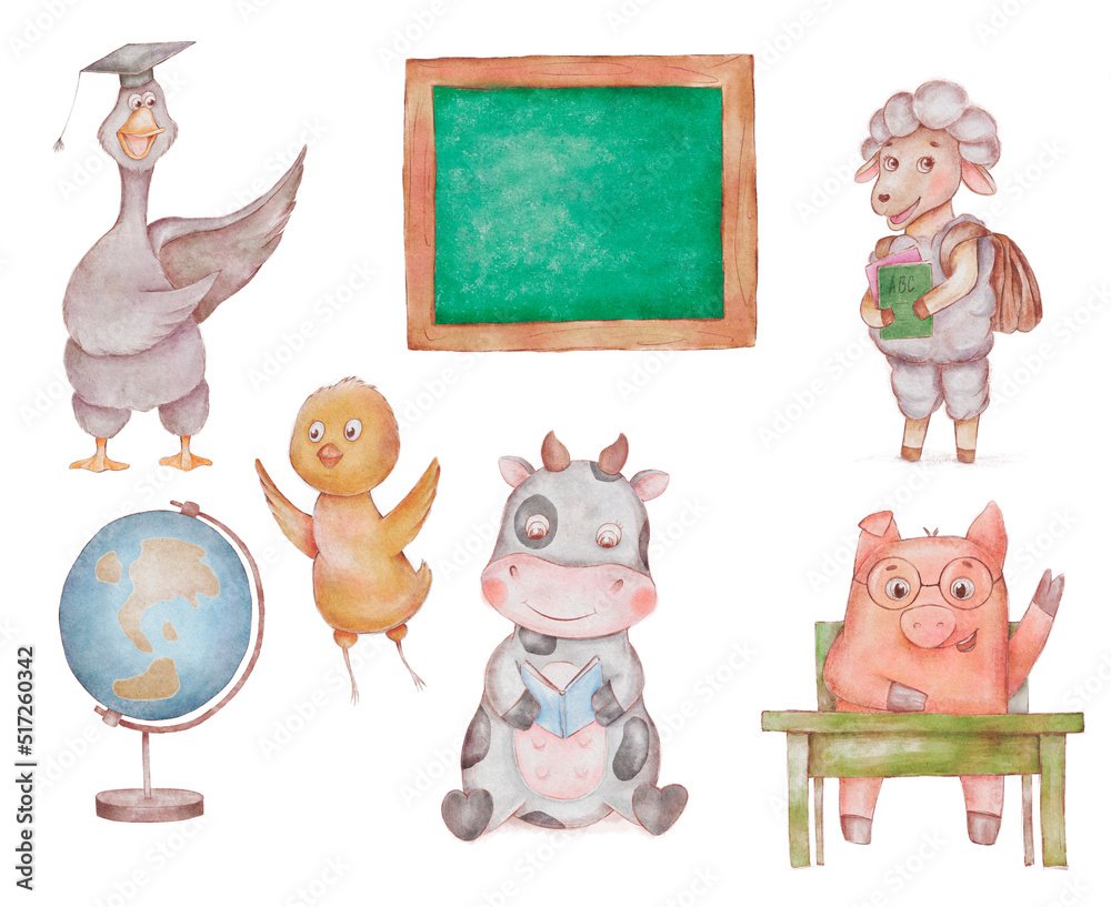 School animals watercolor clipart, cartoon characters pupils, funny ...