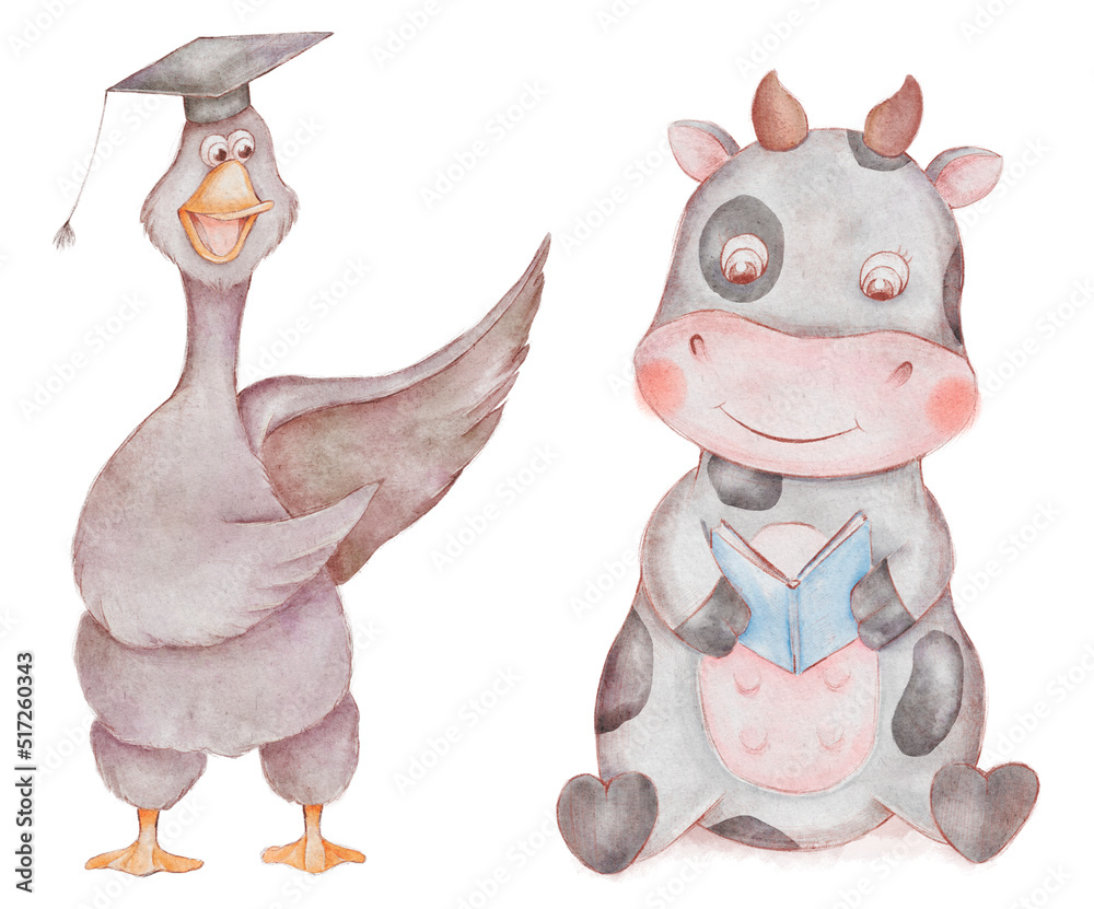 School animals watercolor clipart, cartoon characters pupils, funny ...