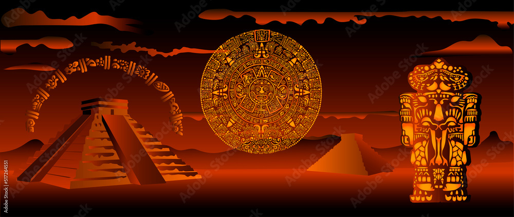 Mayan pyramids in the background of a mountain landscape. Temple of May ...