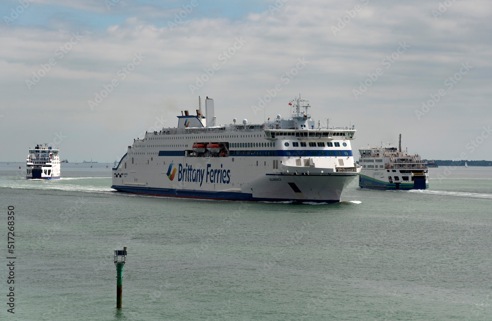Portsmouth, England, UK. 2022. Three roro ferries on The Solent a ...