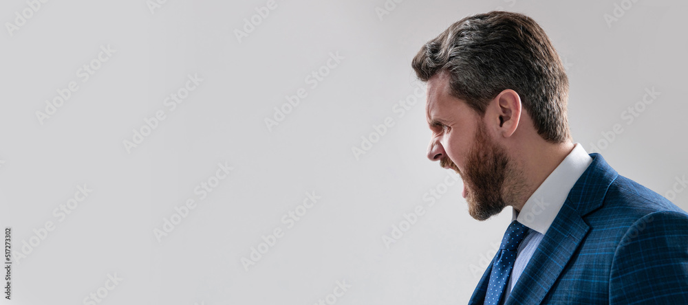 Profile portrait of angry professional man shouting grey background ...