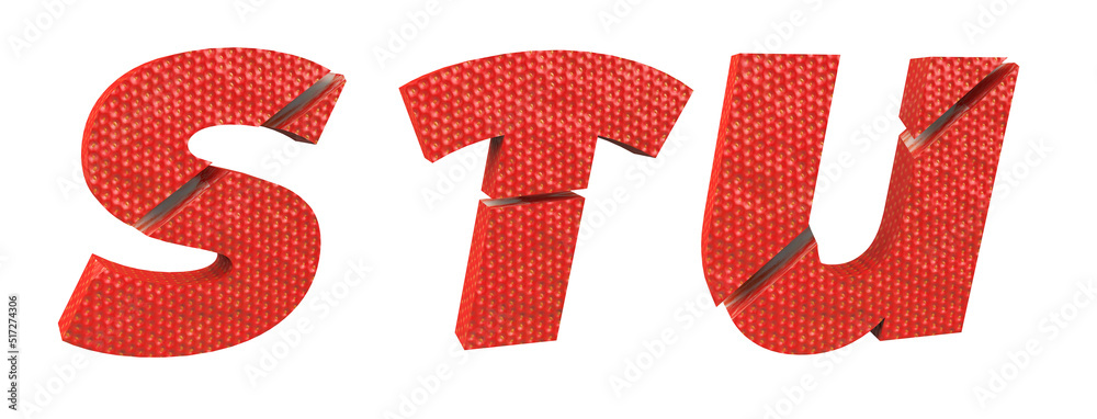 Sliced strawberry alphabet. Letters S, T, U. Red fruit cut. Font 3D ...