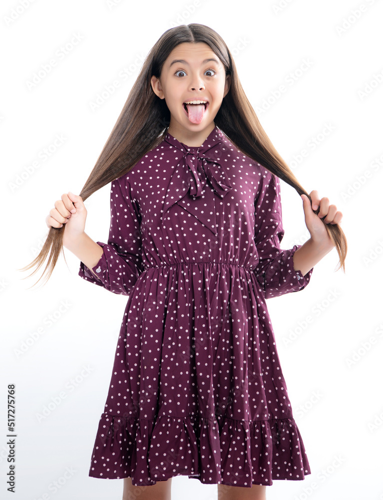 Fun kids face. Portrait of silly teenager child girl smiling and ...