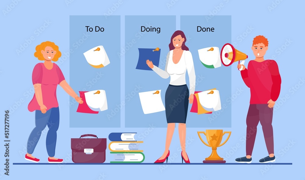 Kanban board with stickers concept vector. Explainerr illustration of a ... Kanban board with stickers concept vector. Explainerr illustration of a ...