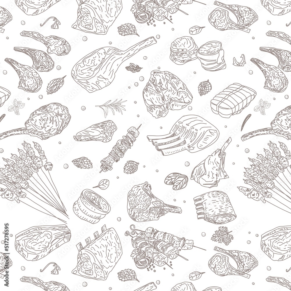 Meat seamless pattern. Beef, pork, lamb. Hand -drawn vector ...