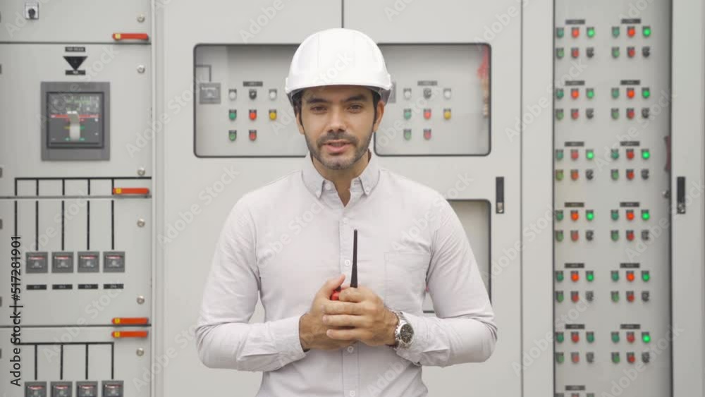 An engineer man or worker, people talking on webcam video call ...