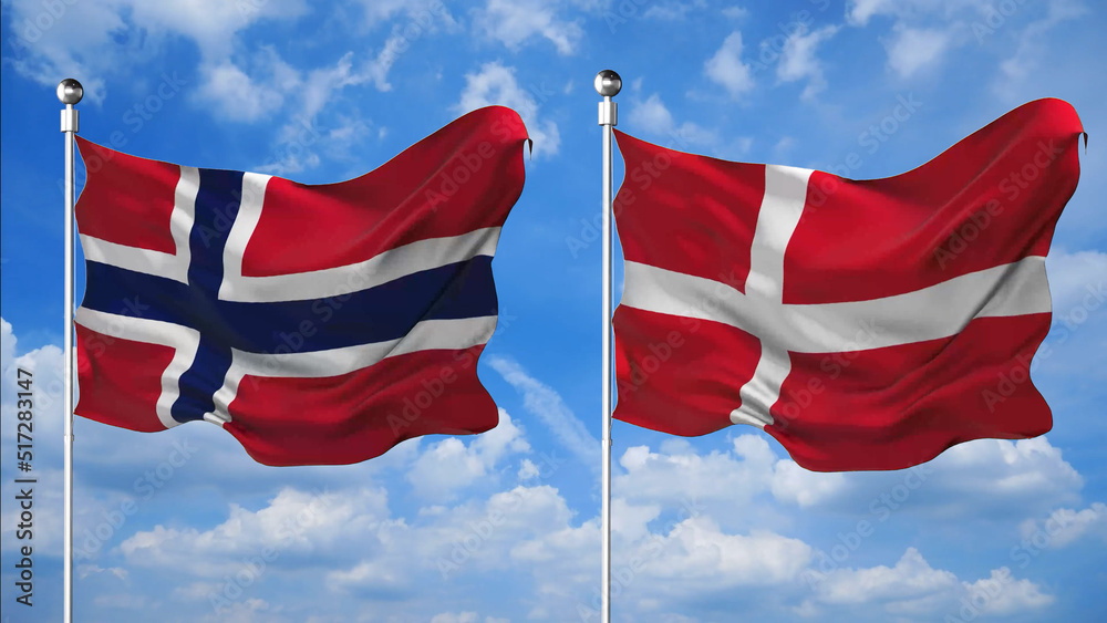 Norway and Denmark flags waving 3D Render against the sky background ...