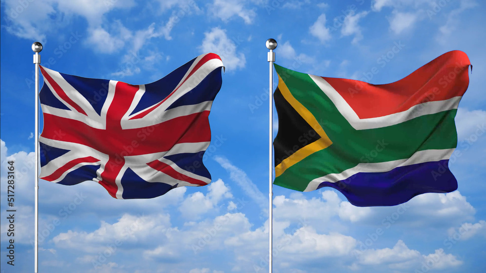 UK and South Africa flags waving 3D Render against the sky background ...