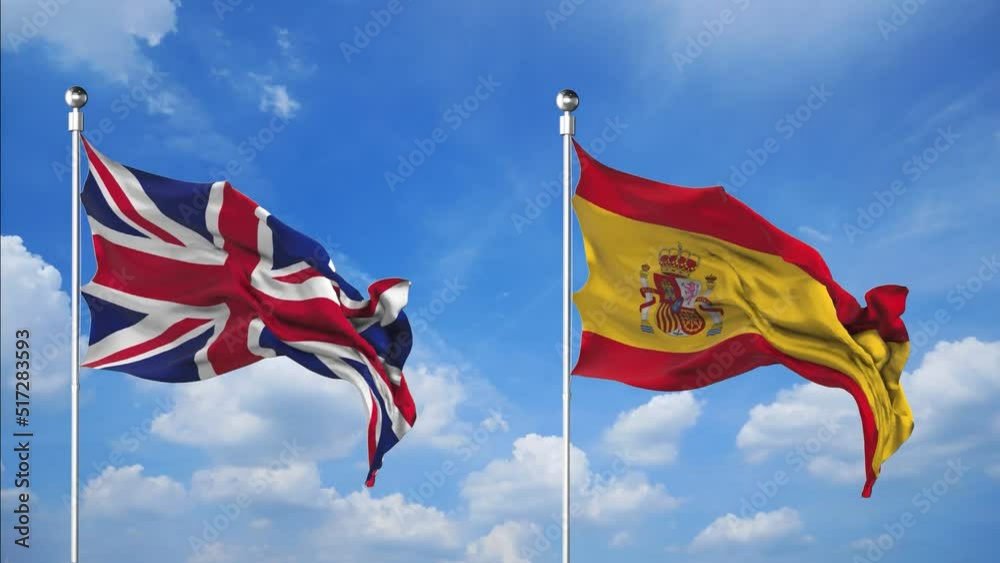 UK and Spain flags waving 3D Render against the sky background Stock ...