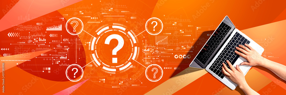Question marks with person using a laptop Stock Photo | Adobe Stock