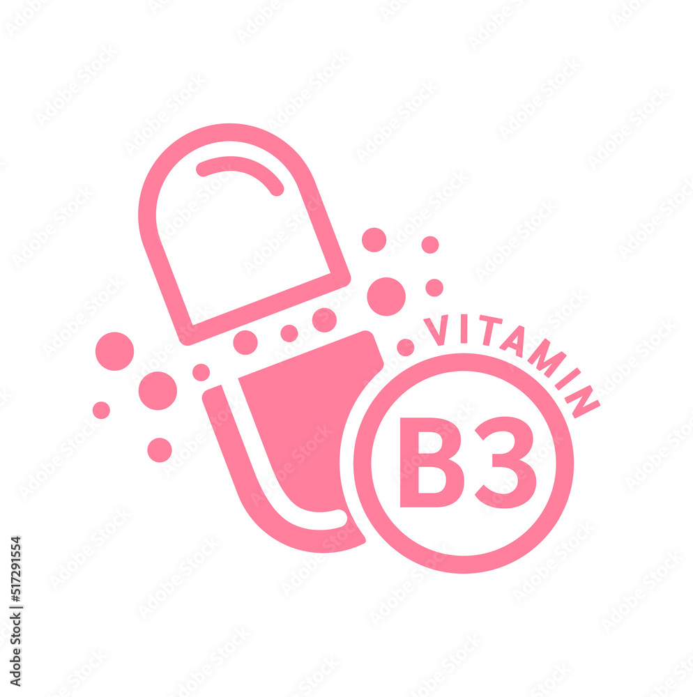 Vitamin B3 icon pink in capsule form simple line. Isolated on a white ...