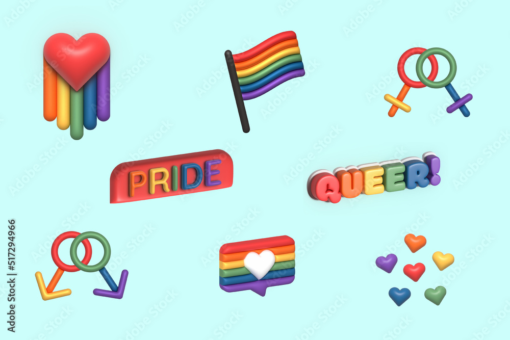 3d Cute Set of LGBTQ community symbols with pride flags, gender signs ...