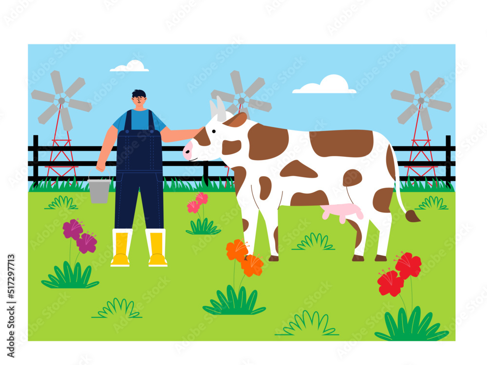 Cattle farm situation. A man with cows in the farm. Farm vector ...