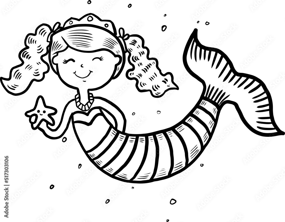 Mermaid coloring book page for kids line art vector blank printable ...