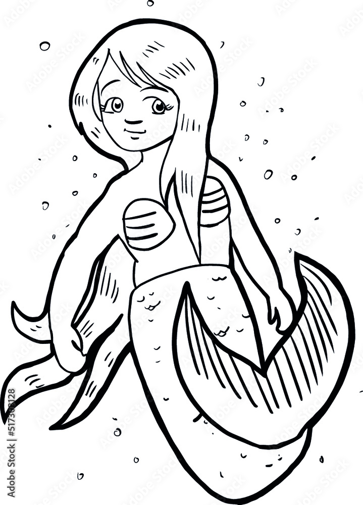 Mermaid coloring book page for kids line art vector blank printable ...