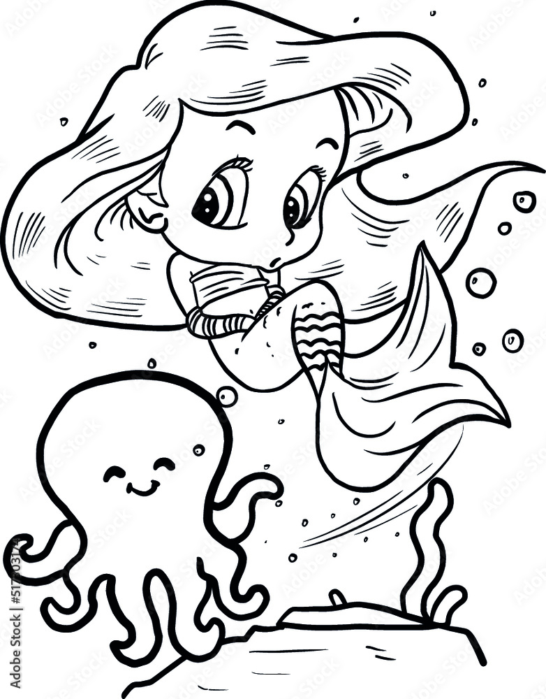 Mermaid coloring book page for kids line art vector blank printable ...