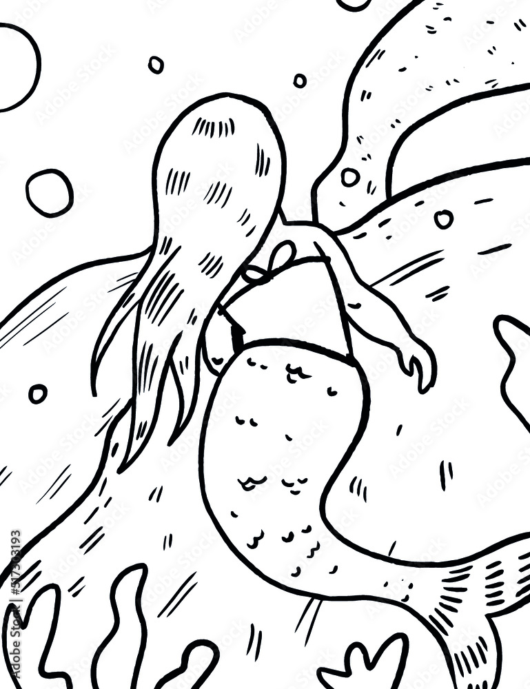 Mermaid coloring book page for kids line art vector blank printable ...