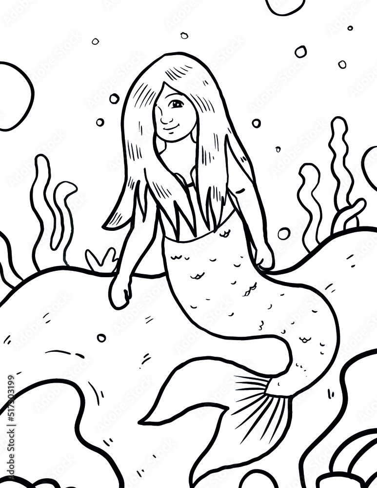 Mermaid coloring book page for kids line art vector blank printable ...
