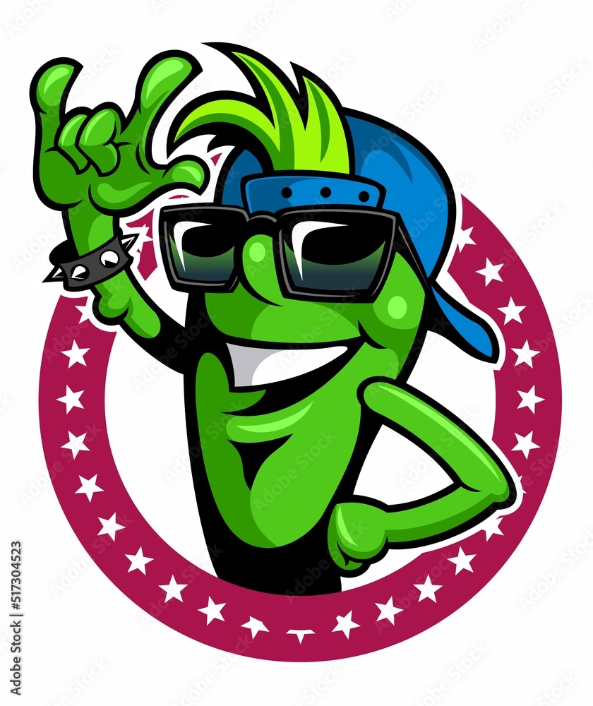Cartoon style green character with the baseball cap and Hard rock ...