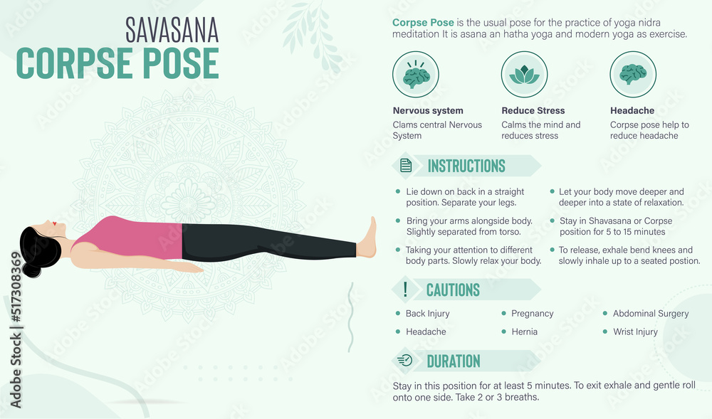 Vetor de Corpse Pose Guide and benefits: Yoga poses vector illustration ...