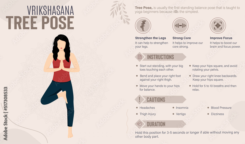 Tree Pose Guide and benefits: Yoga poses vector illustration Stock ...