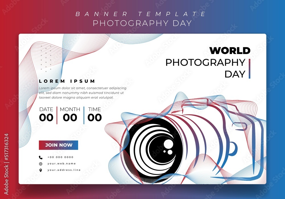 Banner template in white background with illustration of camera in red ...