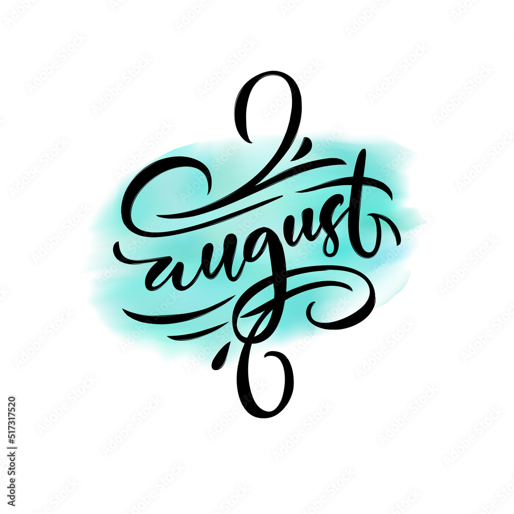 Lettering of summer month AUGUST on watercolor splash background ...