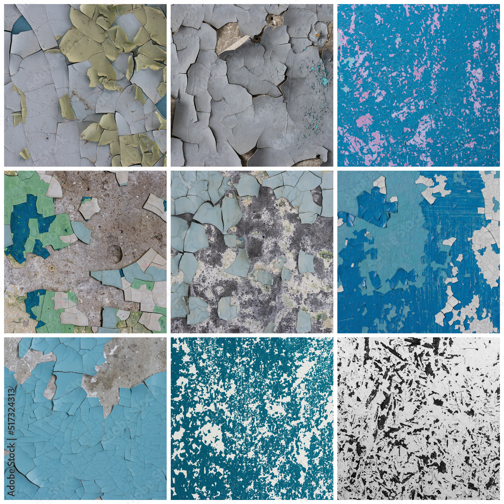 Set of peeling paint textures. Old concrete walls with cracked flaking ...