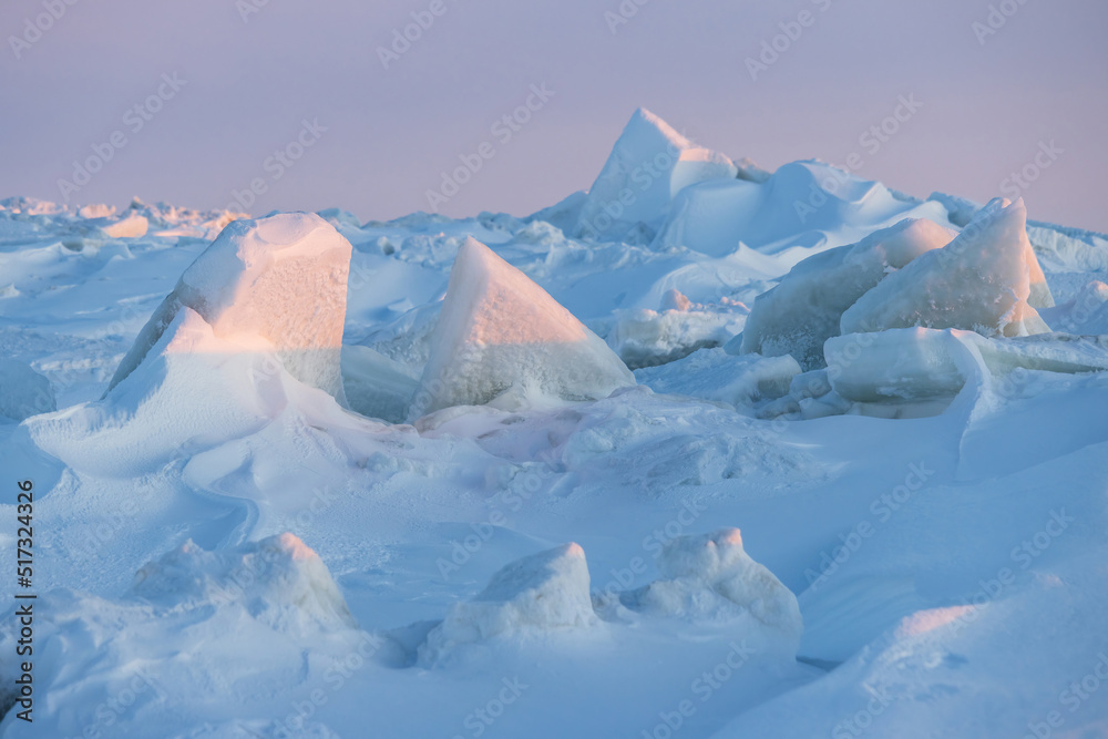 Winter arctic landscape. Ice hummocks on the frozen sea in the Arctic ...