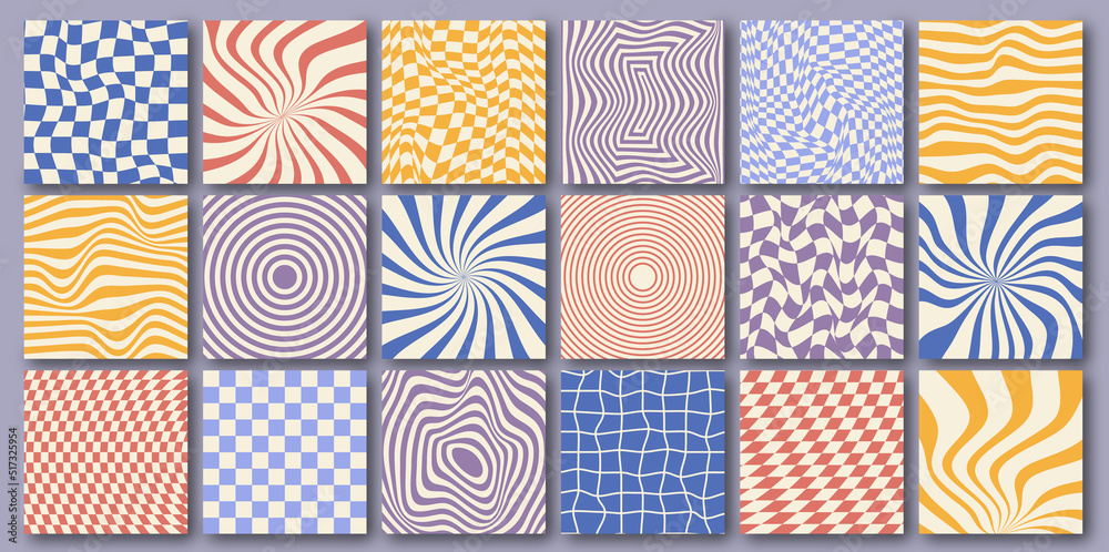 Vector set of Groovy social media backgrounds. Checkerboard, chessboard, mesh, waves patterns ...
