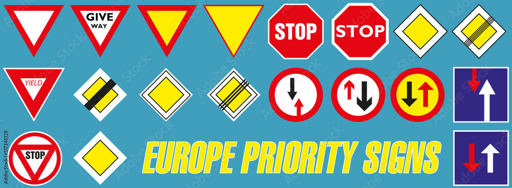 Icon set of main priority road signs. Road signs used in the European ...
